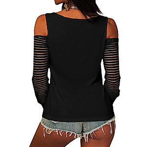 Tankaneo Womens Long Sleeve Mesh Srtipe Blouse Shirt Cold Shoulder Scoop Neck Zipper Casual Pullover T-shirt