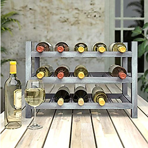 INTERBUILD Solid Hardwood Wine Rack Storage Shelf 3-Tier Stackable Freestanding Wine Bottle Holder 15 Bottles, Dusk Gray