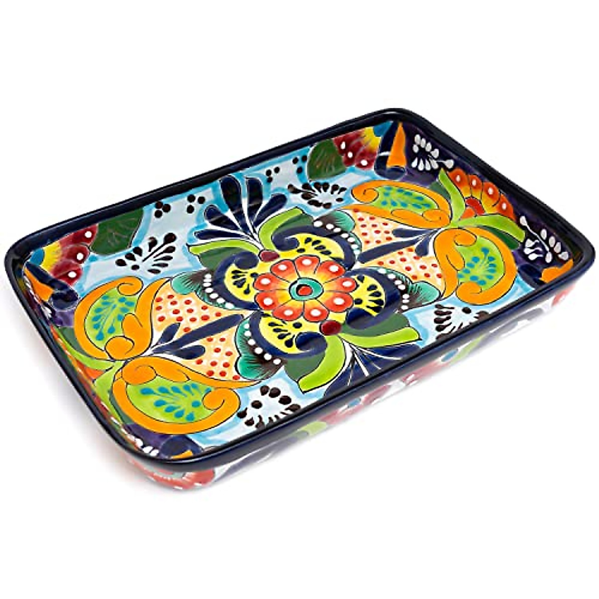 Enchanted Talavera Pottery Mexican Hand Painted Ceramic Rectangle Serving Platter Dish Appetizer Plate Tray Food Mexican Floral Pattern Thanksgiving Holiday Party Fiesta (Large 13.2 x 9 x 2, Multi)