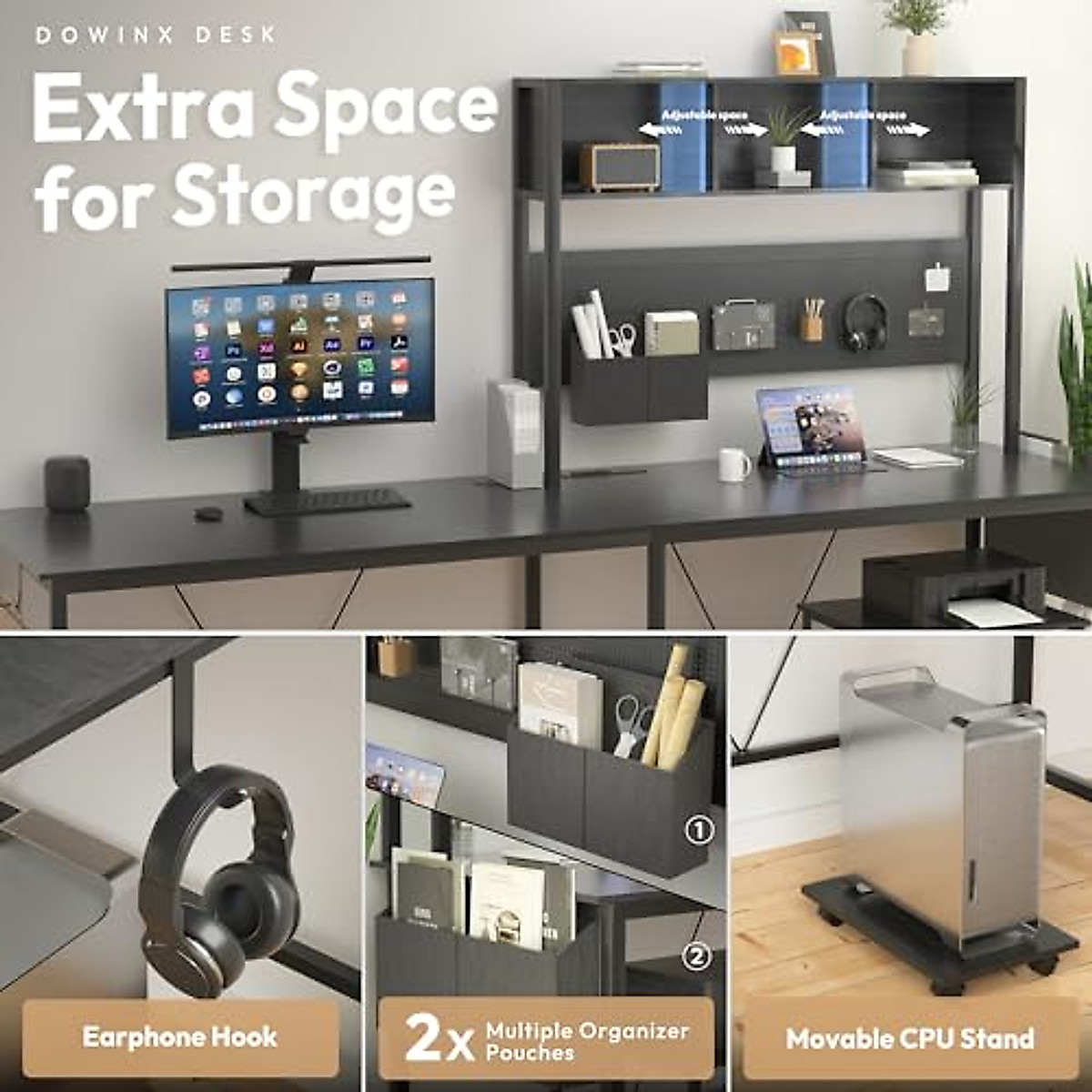 Dowinx L Shaped Desk with Pegboard and Removable Filing Cabinet, Reversible 67” Computer Gaming Desk with Power Outlet and Led, Office Corner Desk with Storage for Home Game, Black