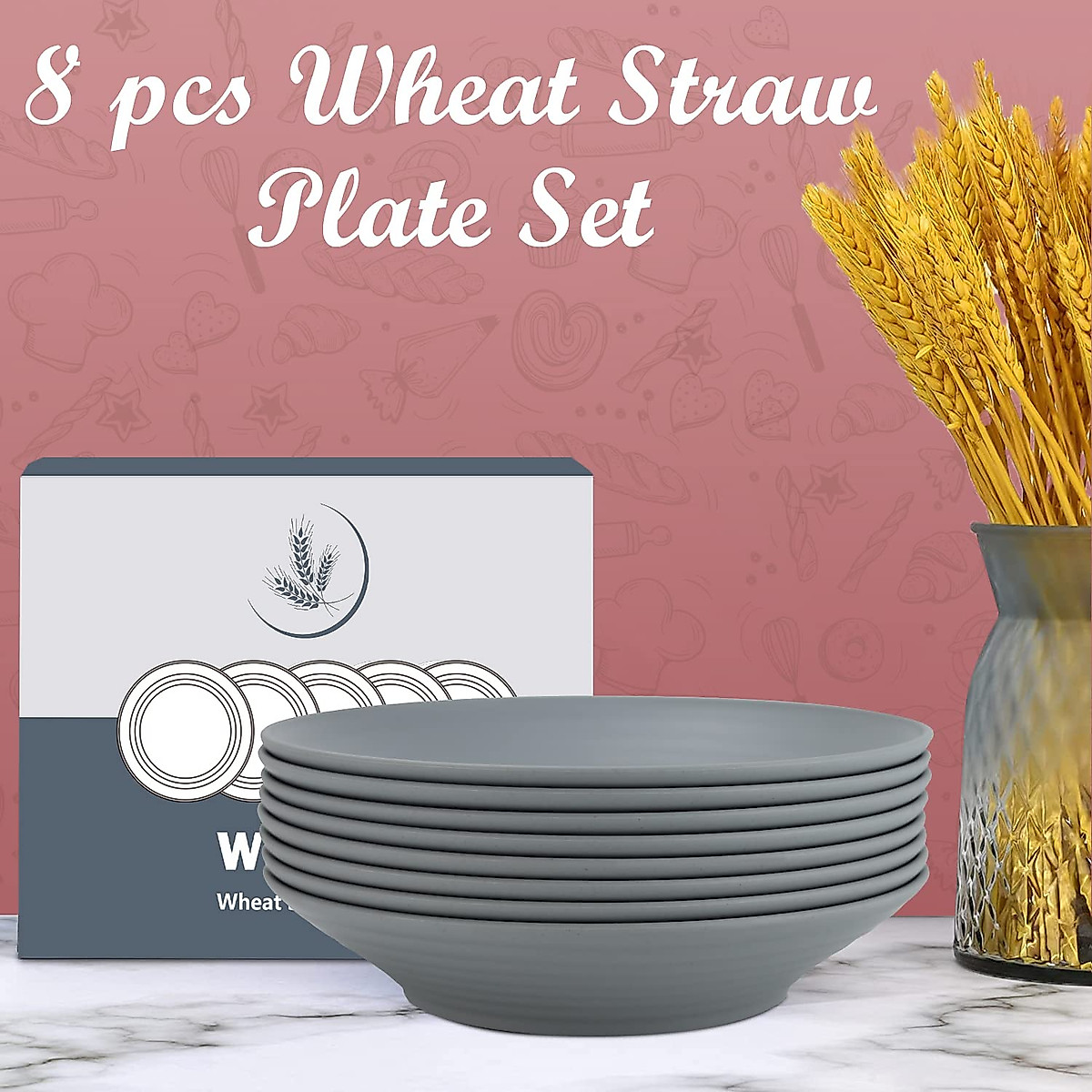 Wheat Straw Pasta Bowl - Unbreakable Pasta Bowl Set of 8-9 Inch Large Deep Alternative for Plastic Reusable Plate - Dishwasher & Microwave Safe Bowl/Plates (Black and Grey)