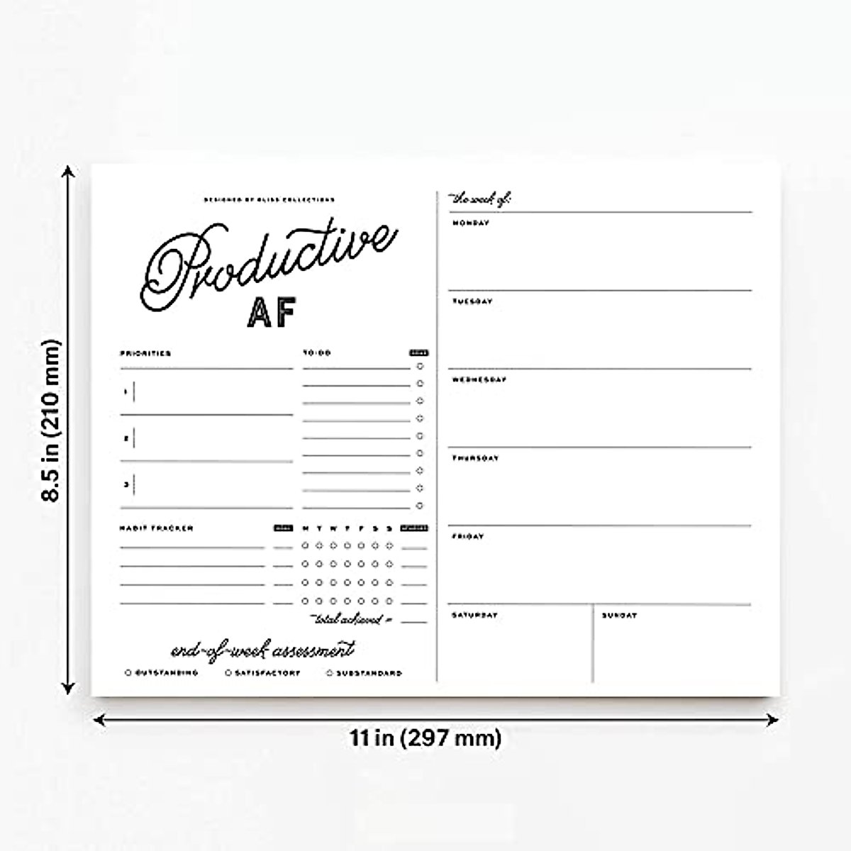 Bliss Collections Weekly Planner, Productive AF, Undated Tear-Off Sheets Notepad Includes Calendar, Organizer, Scheduler for Goals, Tasks, Ideas, Notes, To Do Lists and Habit Tracker, 8.5"x11" (50 Sheets)