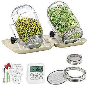 Sprouting Kit, 2 Stainless Steel Sprouting Lids for Regular and Wide Mouth Mason Jars, Sprouts Growing Kit with Timer, 2 Tray, Sprouting Jar Stand for Bean Sprout, Alfalfa, Broccoli (Not Include Jar)