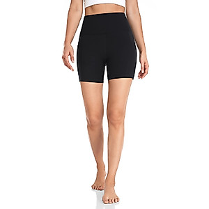 HeyNuts Women's High Waisted Biker Shorts with Side Pockets, Workout Tummy Control Yoga Leggings Running Shorts 6'' Black M(8/10)