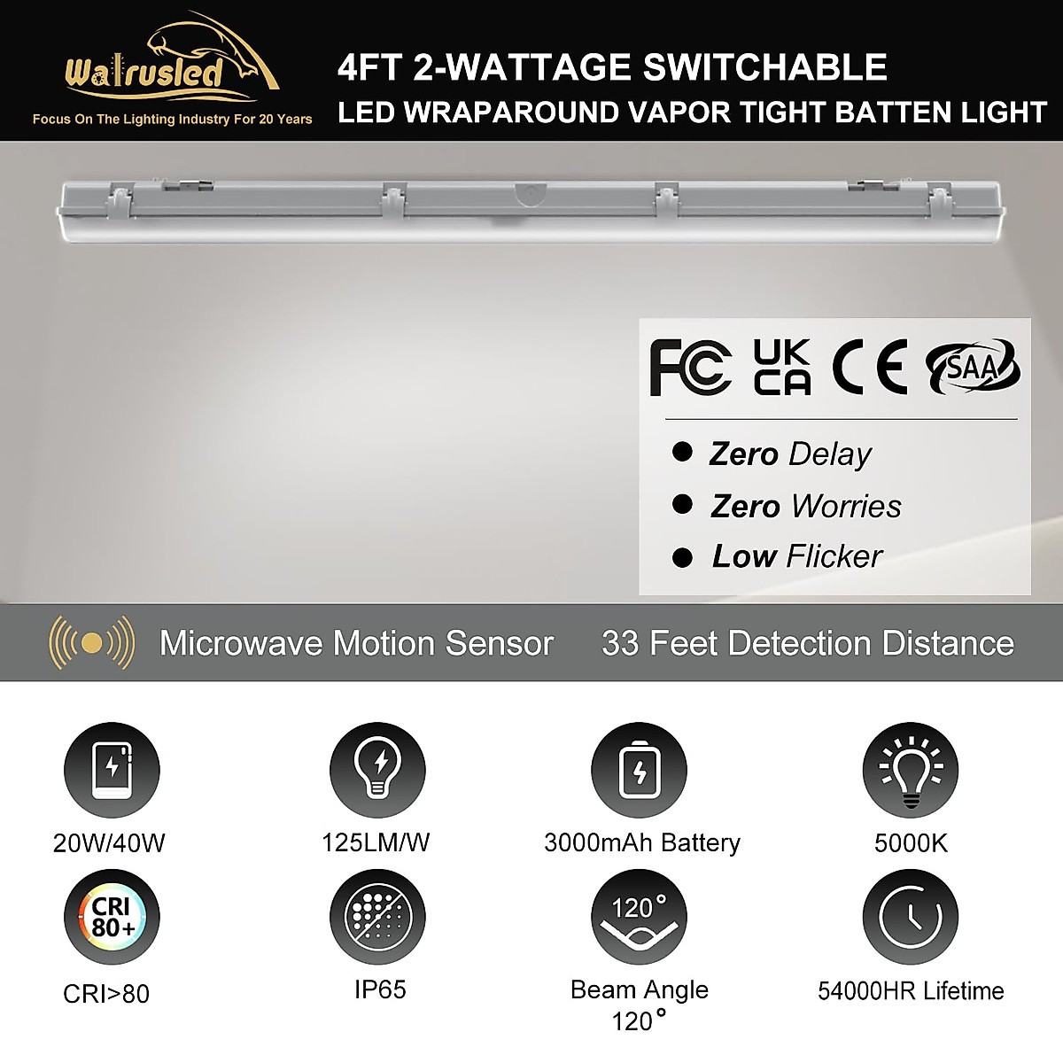 4FT Tri-Level Sensor LED Vapor Tight Emergency Light, Battery Backup, IP65 IK08, 20W(2500lm)/40W(5000lm) Selectable, 5000K, Dimmable, Outdoor Waterproof Shop Light, Vapor Proof Lighting Fixture, FCC