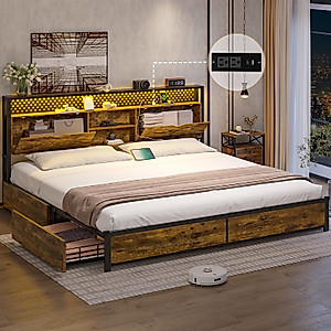 ADORNEVE LED King Bed Frame with Storage Headboard & Drawers,USB Ports & Charging Outlets, Metal King Platform Bed Frame, Upgraded Double-Row Support Bars, Noise-Free, Vintage Brown