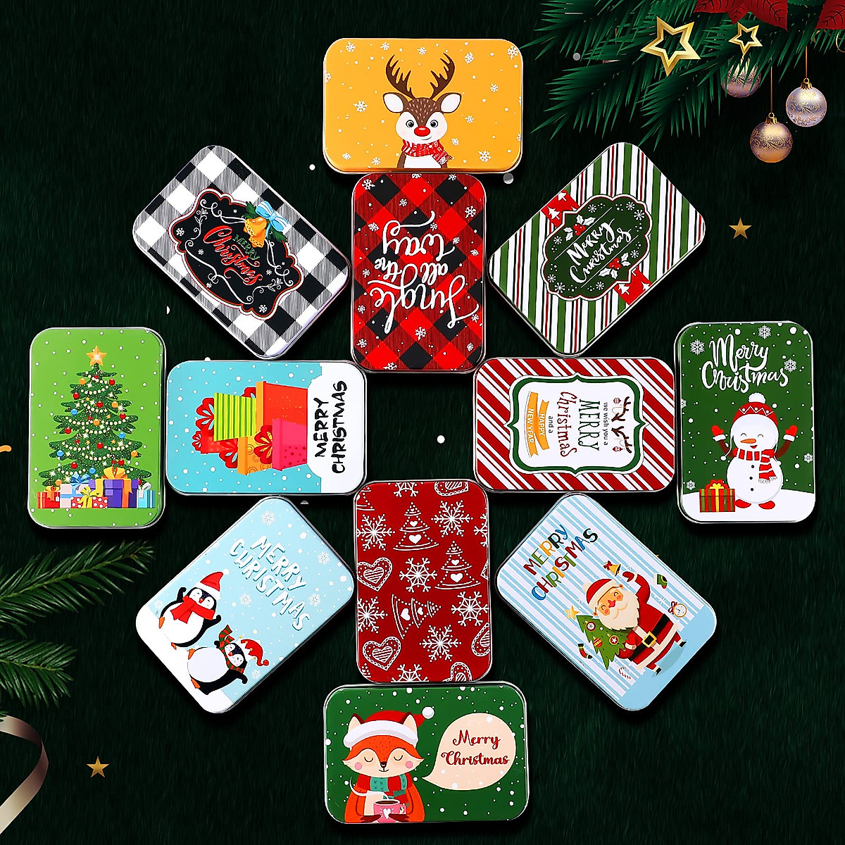 Moxweyeni 12 Pcs Colorful Christmas Card Tin Holder Boxes Christmas Tins Gift Card Holder Stylish Holiday Tin Boxes with Lids for Christmas Gift Cards Party Favors,4.9 x 3.3 x 0.7 Inches (Cute)