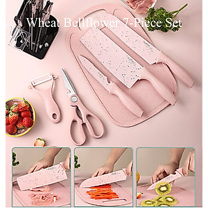 Knife Set of 7, Professional Stainless Steel Japanese Kitchen Knife Set with Cutting Board and Acrylic Stand, Non-Stick Coating Cooking Knife with Gift Box for Women Gifts (Pink)