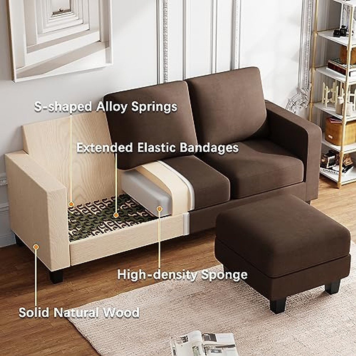 Furniwell Convertible Sectional Sofa Couch, L Shaped 3-Seat Small Couch for Living Room with Ottoman Modern Fabric Reversible Chaise for Apartment and Small Space (Brown)