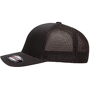 Big Rig KW W900 Semi Truck Outline Design Flexfit Trucker Mesh Fitted Cap Black