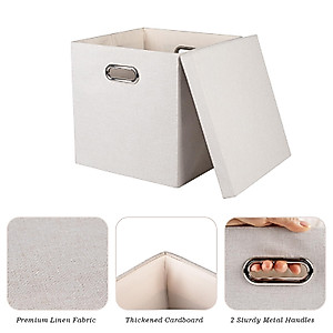 ArcaGuru Storage Bins with Lids, Collapsible Linen Fabric Boxes Organizer Containers with Lid Foldable Storage Box Basket for Closet, Shelves, Home, Office, 12 x 12 x 12 Inch, 4 Pack, Beige