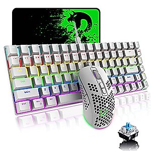 Mechanical Gaming Keyboard and Mouse Combo with 20 Rainbow Backlight 84 Key Anti-ghosting Ergonomic Waterproof Type-C Wired 2400 DPI Honeycomb Mice for PC Mac Gamer Computer Typist(White/Blue Switch)