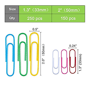 Vinaco Paper Clips Colorful, 400PCS Medium and Jumbo（1.3 inch & 2 inch）Paper Clips, Durable and Rustproof, Coated Large Paper Clips Great for Office School Document Organizing (Multicolored)