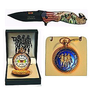 Father's Day Gift (Set) Vietnam Memorial Embossed Pocket watch + Knife KN-1855 and P-317