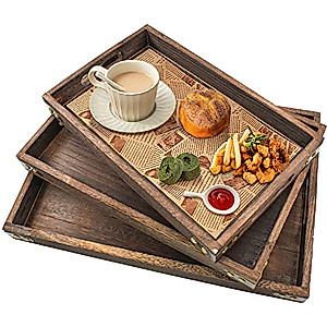 Enkrio Wood Serving Tray with Handles Set of 3 Food Tray Vintage Serving Tray Coffee Table Tray Wooden Breakfast Trays Kitchen Trays for Counter Decor Eating Living Room Bathroom Hospital and Outdoors