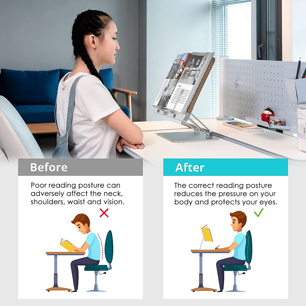 viozon Book Stand for Reading, Wooden Cookbook Holder, Adjustable Height&Angle, Aluminum Alloy, Foldable & Portable, for Office, Kitchen, School. Kids & Adults Textbook, Recipe, Magazine, Tablet-