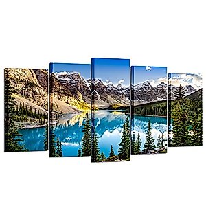 Kreative Arts - 5 Pieces Canvas Prints Wall Art Canada Moraine Lake And Rocky Mountain Landscape Pictures Modern Canvas Painting Giclee Artwork For Home Decoration (Large Size 60x32inch)