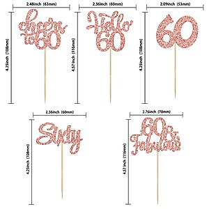 30Pcs Happy 60th Birthday Cupcake Toppers Rose Gold Glitter Sixty Cake Toppers Cheers to 60 Years Old Birthday Cupcake Picks for 60th Birthday Anniversary Party Cake Decorations Supplies