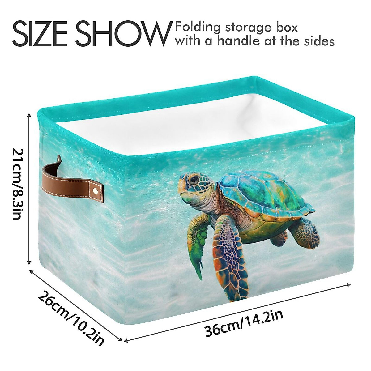 Sea Turtle Teal Large Storage Basket Cube Storage Bin Canvas Fabric Organizer Handles Collapsible Decorative for Clothes Toys Bedroom