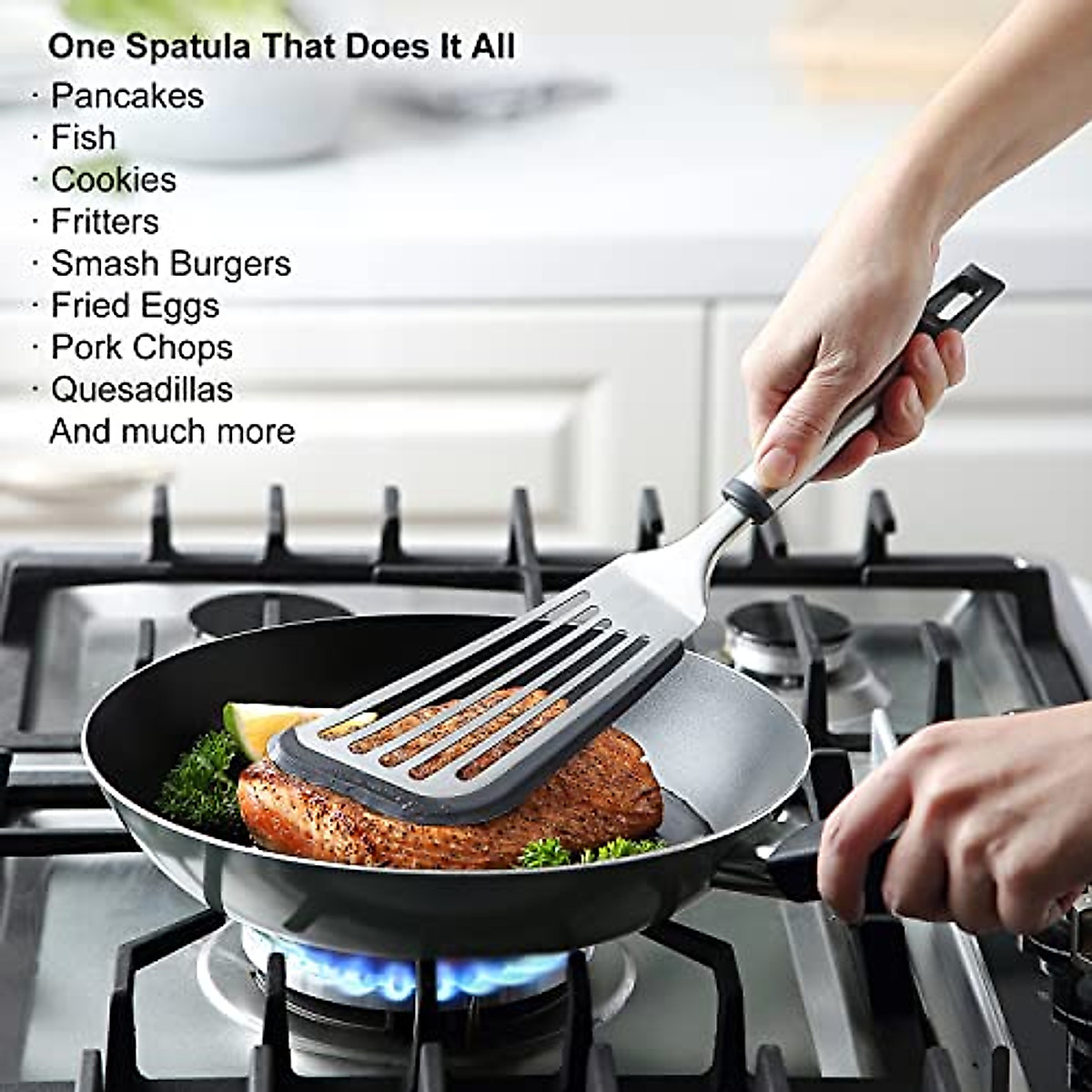 Lebabo Metal Spatula, 12.6" Stainless steel Slotted Fish Spatula with Heat Resistant Handle, Spatula turner with Silicone Top Soft Edge for Non-Stick Pan, Cooking, Flipping, Frying, Dishwasher Safe
