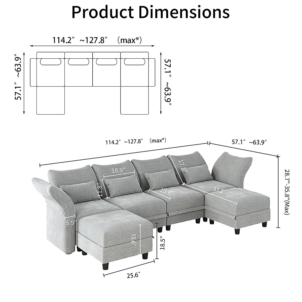 LLappuil Chenille U Shaped 6 Piece Sectional Sofa for Living Room Modular Sofa Sectional Couch with Reversible Chaise and Storage Ottoman, Grey