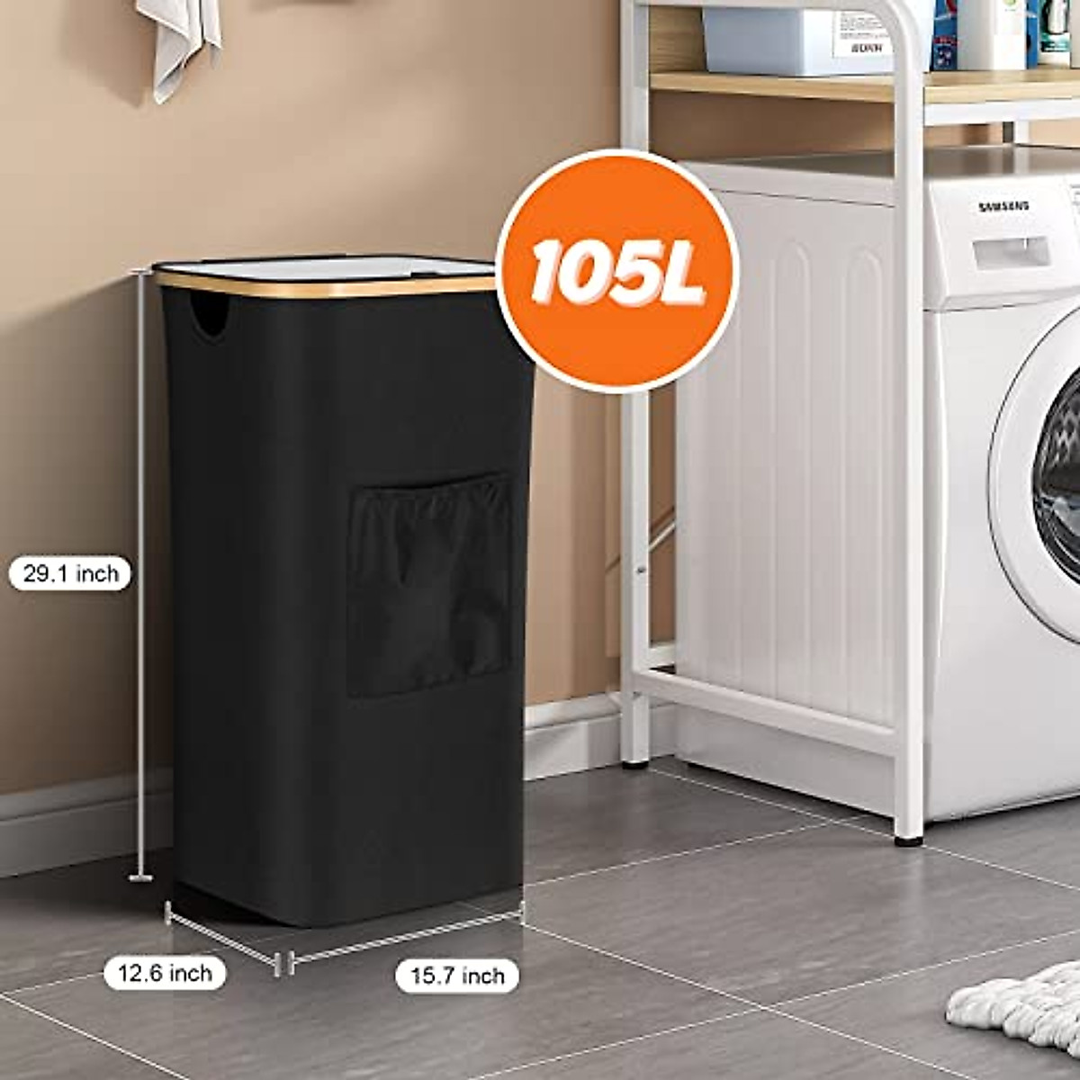GLCONN Flip-Lid Laundry Hamper Tall Laundry Basket - Collapsible Laundry Bin Storage Basket - Large Hampers with Lid for Laundry, Toys, Clothes, Bedroom, Bathroom, Nursery, Closet - 105L, Black
