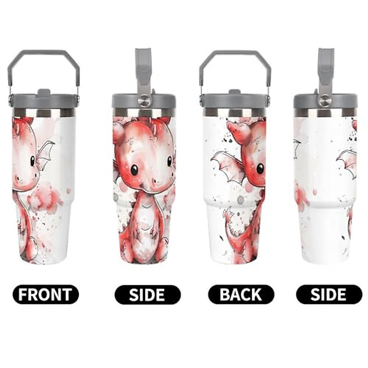 30oz Stainless Steel Insulated Tumbler with Flip Lid & Straw, Leakproof Travel Mug for Car, Ink Style Dragon Double Wall Vacuum Thermal Coffee Cup with Handle, Spill-Proof Design for Hot/Cold Drinks