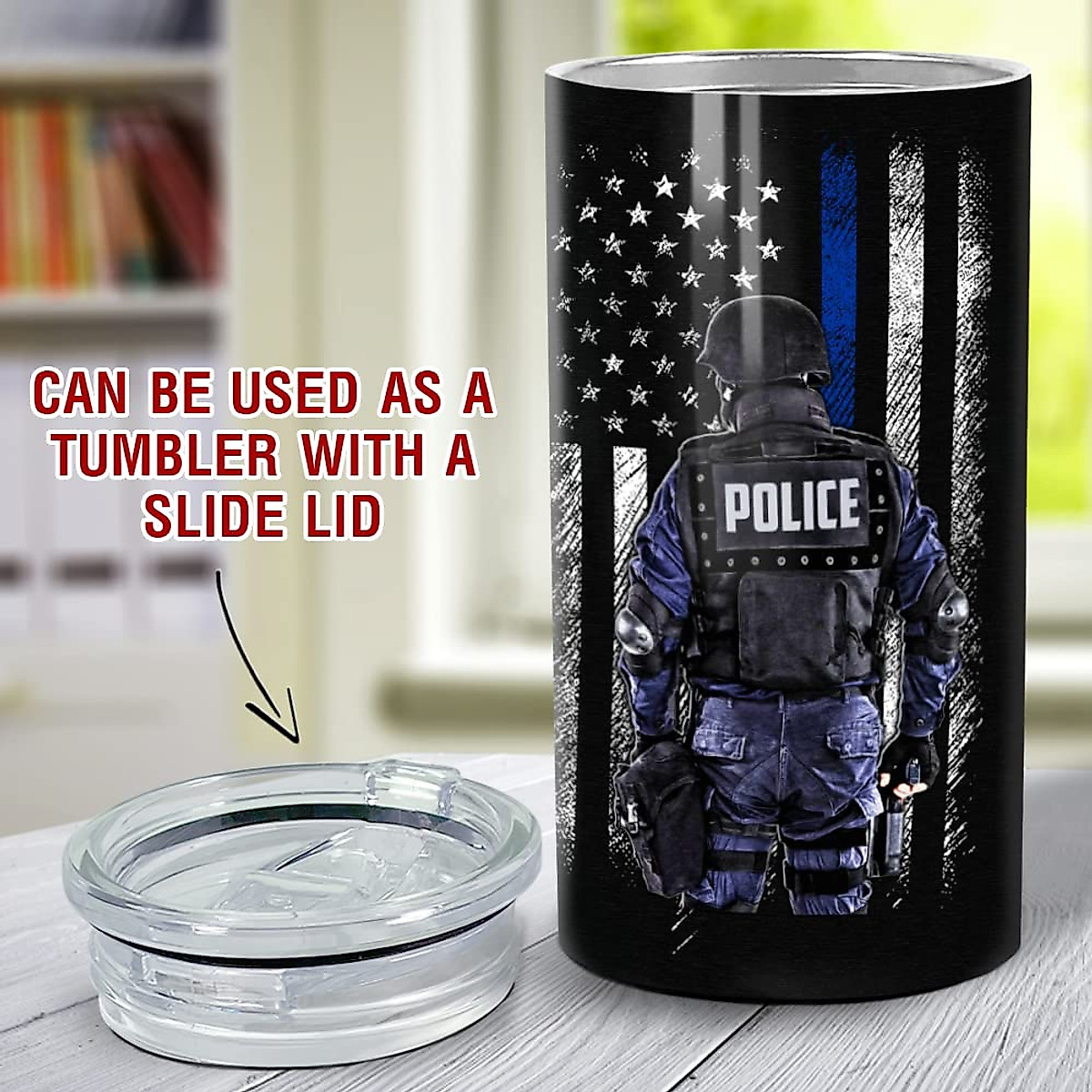 SANDJEST Police Tumbler American Policeman 4 in 1 16oz Tumbler Can Cooler Coozie Skinny Stainless Steel Tumbler Gift for Police Man Dad Father Boy Friends Retirement Birthday Party