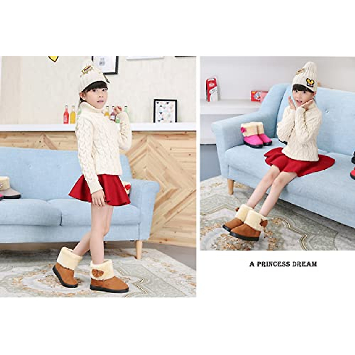 DADAWEN Baby's Girl's Toddler Fashion Cute Bowknot Fur Lining Princess Warm Snow Boots Brown US Size 11 M Little Kid