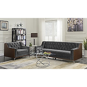 Iconic Home Clark Sofa Button Tufted Velvet Walnut Finish Swoop Arm Wood Frame with Polished Metal Legs, Modern Contemporary, Grey
