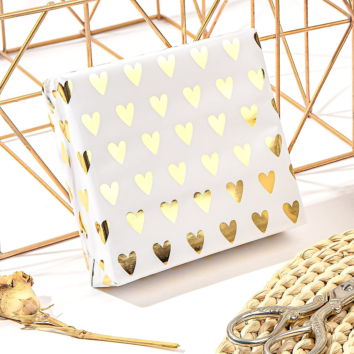 LeZakaa Gold Wrapping Paper Roll - Mini Roll - Geometric Patterns/Floral/Heart for Wedding, Bridal Shower, Birthday - 17 x 120 inches - 3 Rolls (42.5 sq.ft.ttl.)