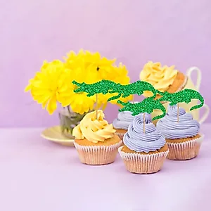 24Pcs Crocodile Cupcake Toppers, Green Glitter Crocodile Cake Decor, Reptile Animal Cake Decorations for Baby Shower, Reptile Pet Themed Birthday Party Decoration