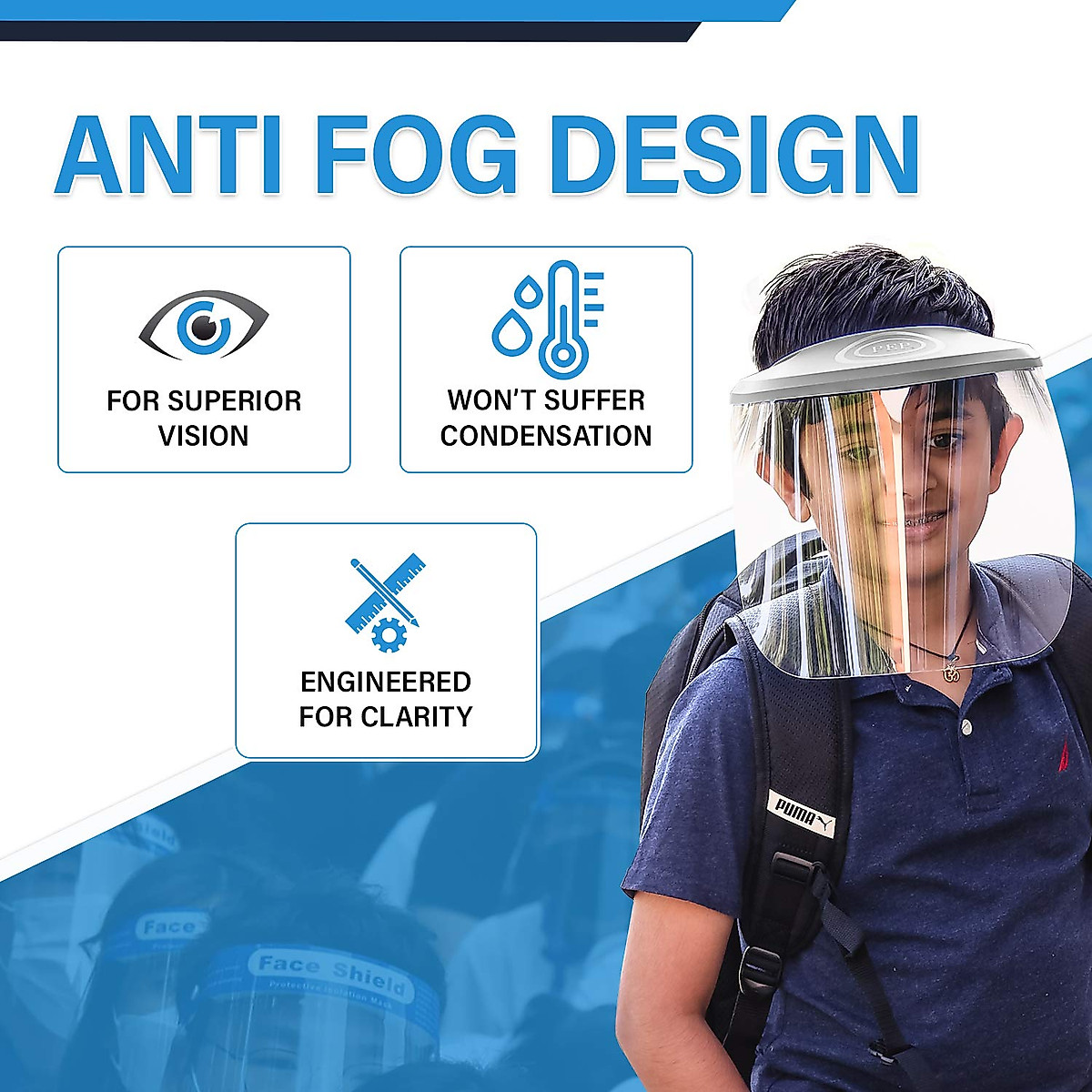 PEP Face Shield - w/ 3 Pack Of Reusable Shield. UV Coated-Anti Fog, Adjustable Size for ALL, Full Face Protection, Long Lasting visor, Indoor and Outdoor Use Made In USA (GREY)