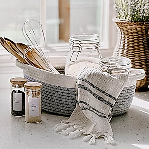 Goodpick Small Woven Basket Cute Gray Rope Basket Cotton Basket Baby Room Storage Basket Dog Toy Basket with Handles Empty Gift Basket for Shelf 12"x 8" x 5" Easter Basket Oval Candy Color Design