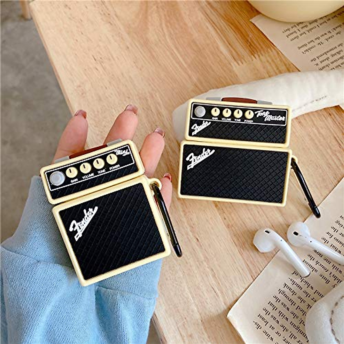 ANYA Case Replacement for AirPods 1&2 Cover Silicone Protective Cute Skin Replacement for Airpod Case Music Wireless Headphone Headset Speaker with Carabiner Black