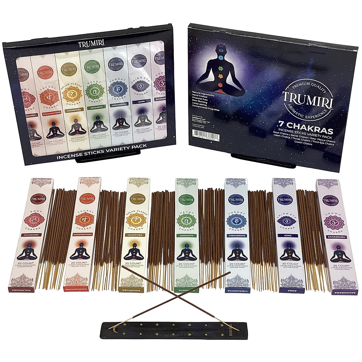 Chakra Incense Sticks - Total 120 Insence-Sticks (20 Insense x 6 Incents) - Incienso Incents-Sticks for 7 Chakra Meditation Muladhara Sacral Manipura Heart Throat Crown Ajna + Incense Holder