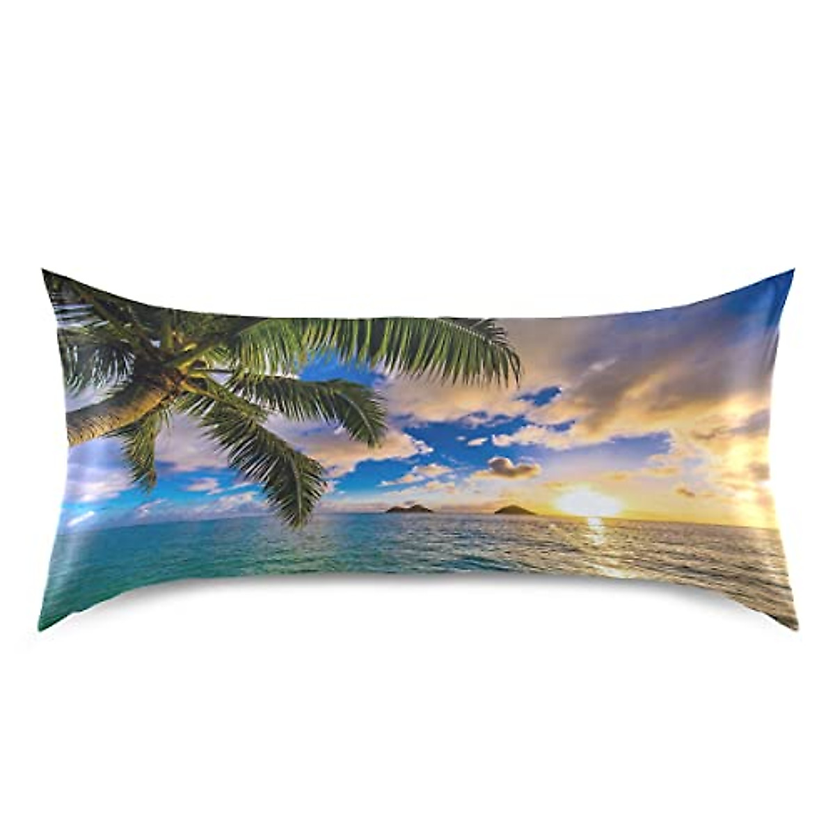 Tropical Beach Sea Sunrise Palm Tree Satin Pillowcase Silk Pillow Case for Hair and Skin Pillow Covers with Envelope Closure,Standard Size 20x26 Inch