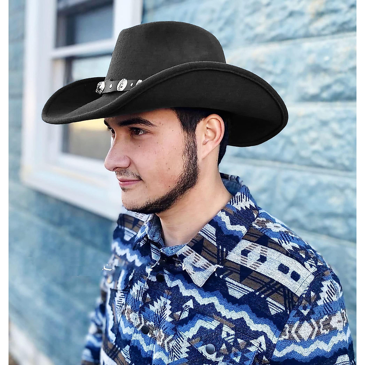 Eohak Womens Western Cowboy Hats Studded Pinched Western Cowgirl Hats Wide Brim Fedoras Hat with Belt Buckle （Size: M-L） (US, Alpha, Medium, Black)