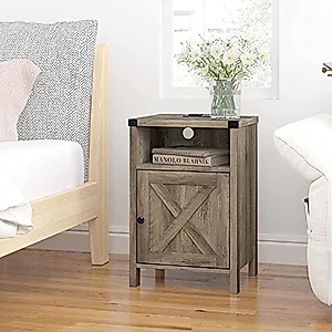 Farmhouse Nightstand Set of 2 with Charging Station,Industrial Bedside Table with Storage Living Room Bedroom Side Table End Table with Barn Door,Grey