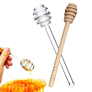 2 Pcs Honey Dipper Sticks - Wooden and Glass Honey Dipper, 6 inch Honeycomb Stick, Honey Stirrer Stick for Honey Jar Dispense Drizzle Honey, Wedding Party Favors