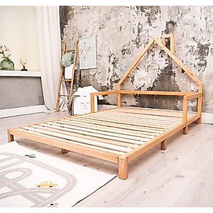 BUSYWOOD Toddler Bed - Alder Wood Bed for Kids - Montessori Twin Bed - Montessori Bed - House Bed Frame - Montessori Full Size Bed Frame (Model 3, Legs&Slats, Natural Wood)