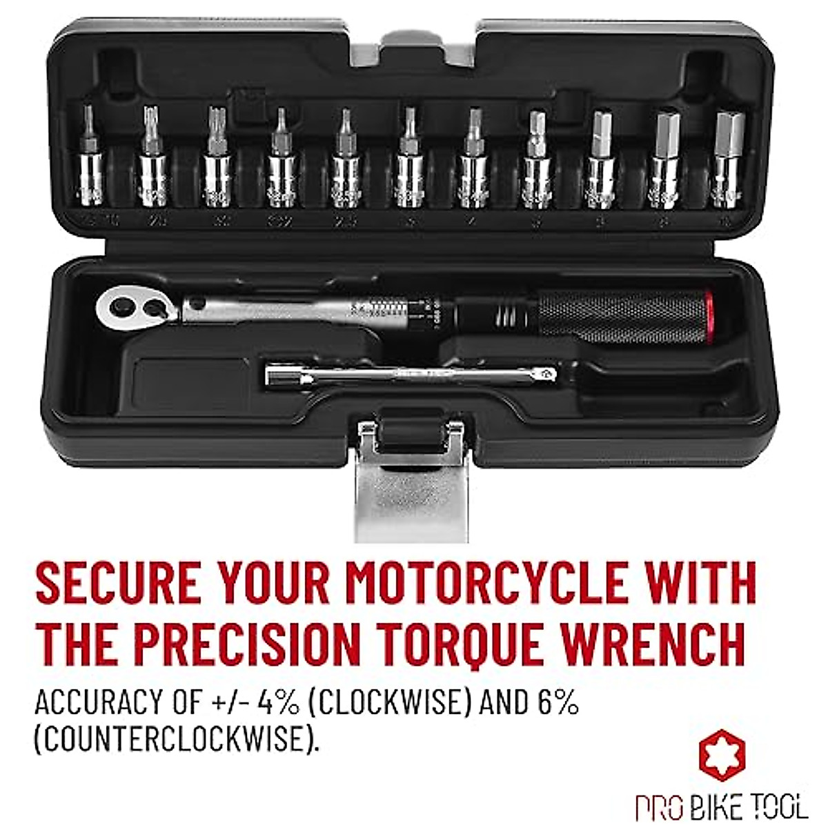 PRO BIKE TOOL 1/4 Inch Drive Click Torque Wrench Set – Inch Pound Nm Dual Readout – Bicycle Maintenance Kit for Road & Mountain Bikes - Includes Allen & Torx Sockets, Extension Bar & Storage Box