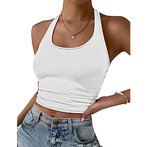 Ekouaer Women Halter Top Backless Scroop Neck Slim Stretchy Ribbed Knit Camisole Crop Tops(White,S)