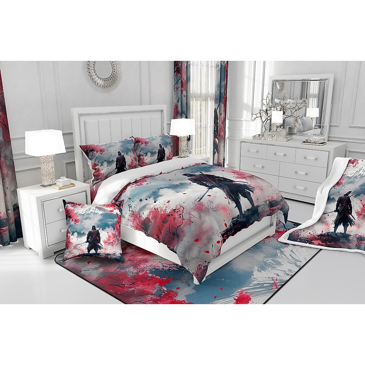 Erosebridal 100% Cotton Japanese-Style Duvet Cover Japanese Samurai Comforter Cover Twin Size Pink Cherry Blossom Bedding Set Mount Fuji Pattern Bed Set Ink Painting Duvet Insert with 1 Pillowcase