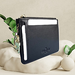 PEONY SUPREME Leather Card Holder Wallet Credit Card Holder Small Compact Wallet Coin Pouch Purse Key Pouch Gift for Women Gift for Men Black