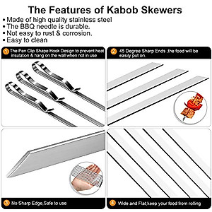 10PCS BBQ Barbecue Skewers, 17inch Skewers Stainless Steel Wide Flat Metal Reusable Dishwasher Safe Grill Tools Needles Sticks Kit for Dad Father's Gift