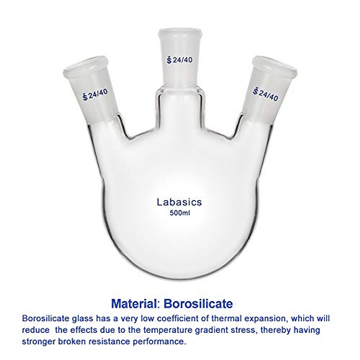 Labasics Glass 500ml 3 Neck Round Bottom Flask RBF, with 24/40 Center and Side Standard Taper Outer Joint, 500ml