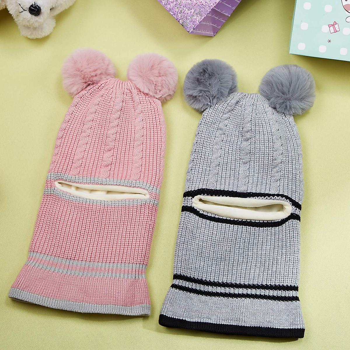 2 Pieces Kids Hood Scarf Kids Knit Hat Winter Thick Earflap Skull Caps for Boy Girls (Pink, Gray)