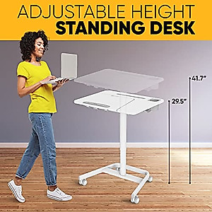 Mobile Adjustable Height Standing Desk - Rolling Laptop Desk Pneumatic Height Adjustable - Portable Workstation Computer Table Stand - Mini Standing Desk for Small Office Spaces