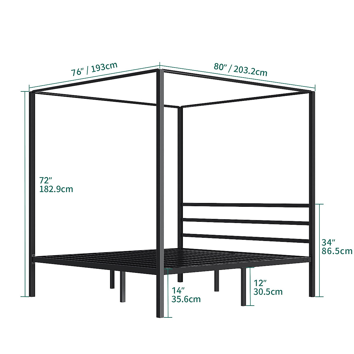 YITAHOME Metal Four Poster Canopy Bed Frame 14 Inch Platform with Built-in Headboard Strong Metal Slat Mattress Support, No Box Spring Needed, Black, King Size